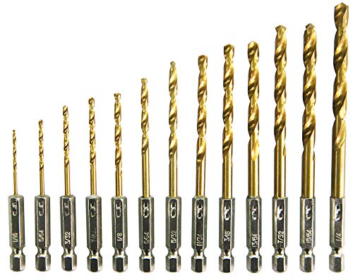 NORTOOLS Hex Shank Drill Bit Set 13 PCS High Speed Steel Titanium Coated Twist Drill Bits 1/4 Inch Quick Change Hex Driver Set for Wood Plastic Aluminum Alloy (1/16" - 1/4")