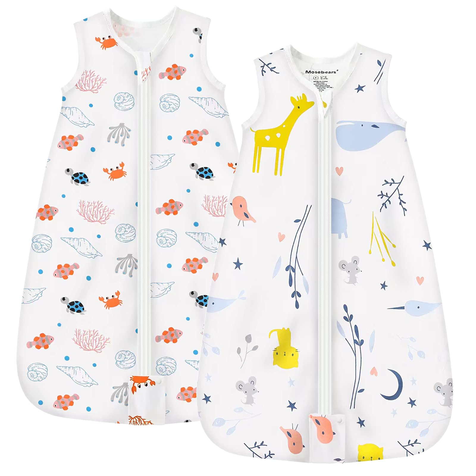 Mosebears Sleep Sack Baby Wearable Blanket with 2-Way Zipper,0.5 TOG Cotton Sleep Sack Unisex (2 Pack, XL(18-24 Months))
