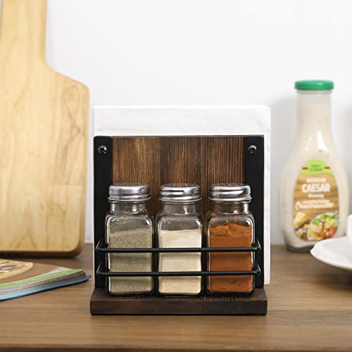MyGift Rustic Burnt Solid Wood Napkin Holder and Salt & Pepper Caddy, 4 Piece Set Dining Tabletop Napkin Dispenser with Condiment Caddy and 3 Glass Bottle Shakers