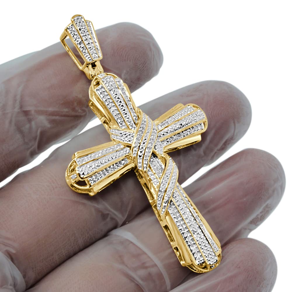 KingCrown Jewelers Real Genuine Authentic Diamond 0.40 Cwt. 12+ Grams Jesus Crist Holy Cross Religious Charm 10K Solid Gold Over Unisex Designer Pendant 2.5'' (Yellow Gold Finish)