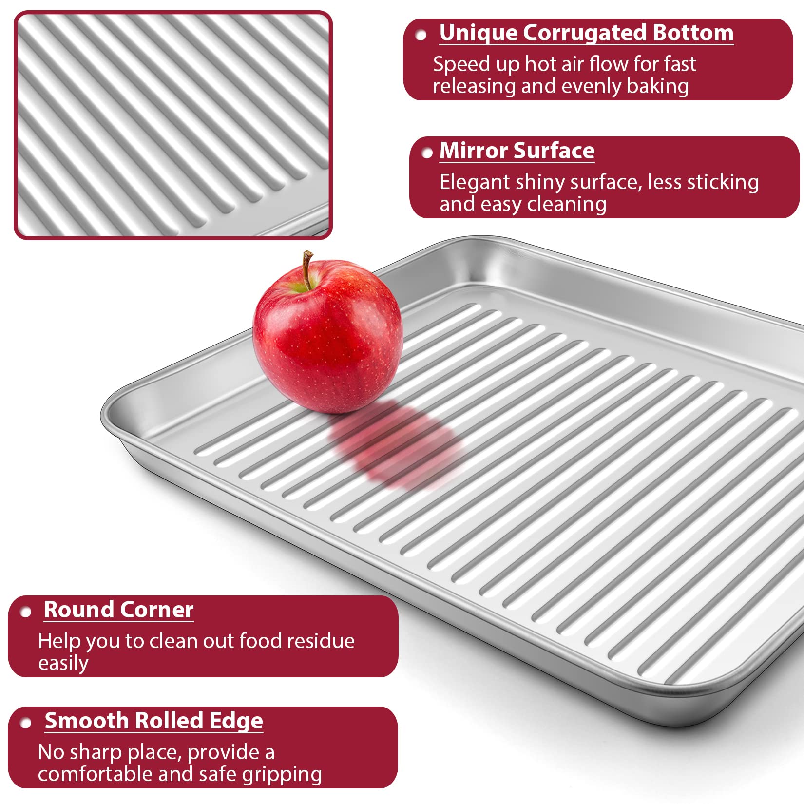 Large Baking Sheet Pan Set of 2 for Oven, P&P CHEF Stainless Steel Cookie Sheets Trays Bakeware, Rectangle 16 x 12 x 1 Inch, Corrugated Bottom & Mirror Finished Surface, Dishwasher Safe