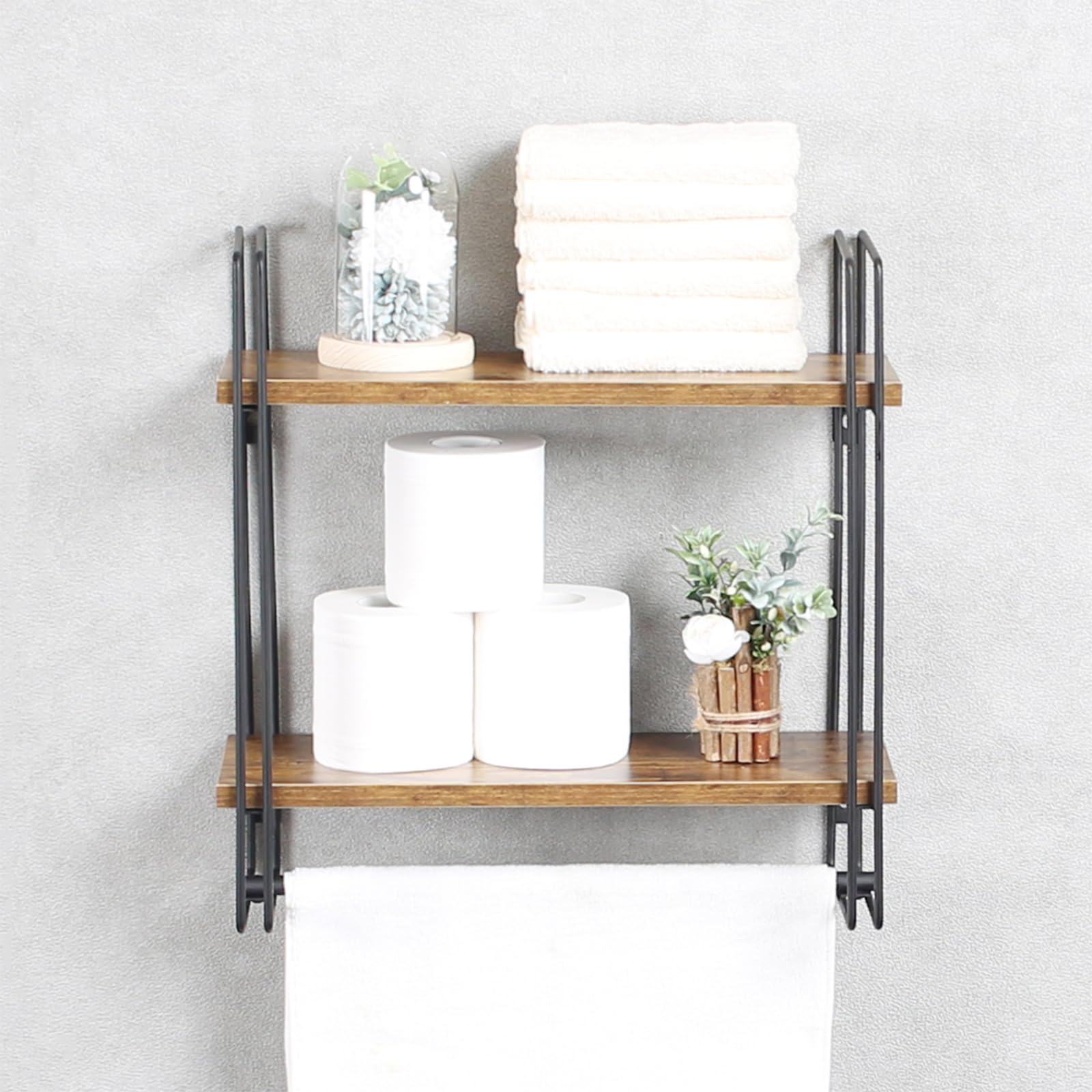OISSIO Industrial Bathroom Shelves Wall Mounted,Rustic 2-Layer Bathroom Shelf with Towel Bar,Floating Shelves,Black