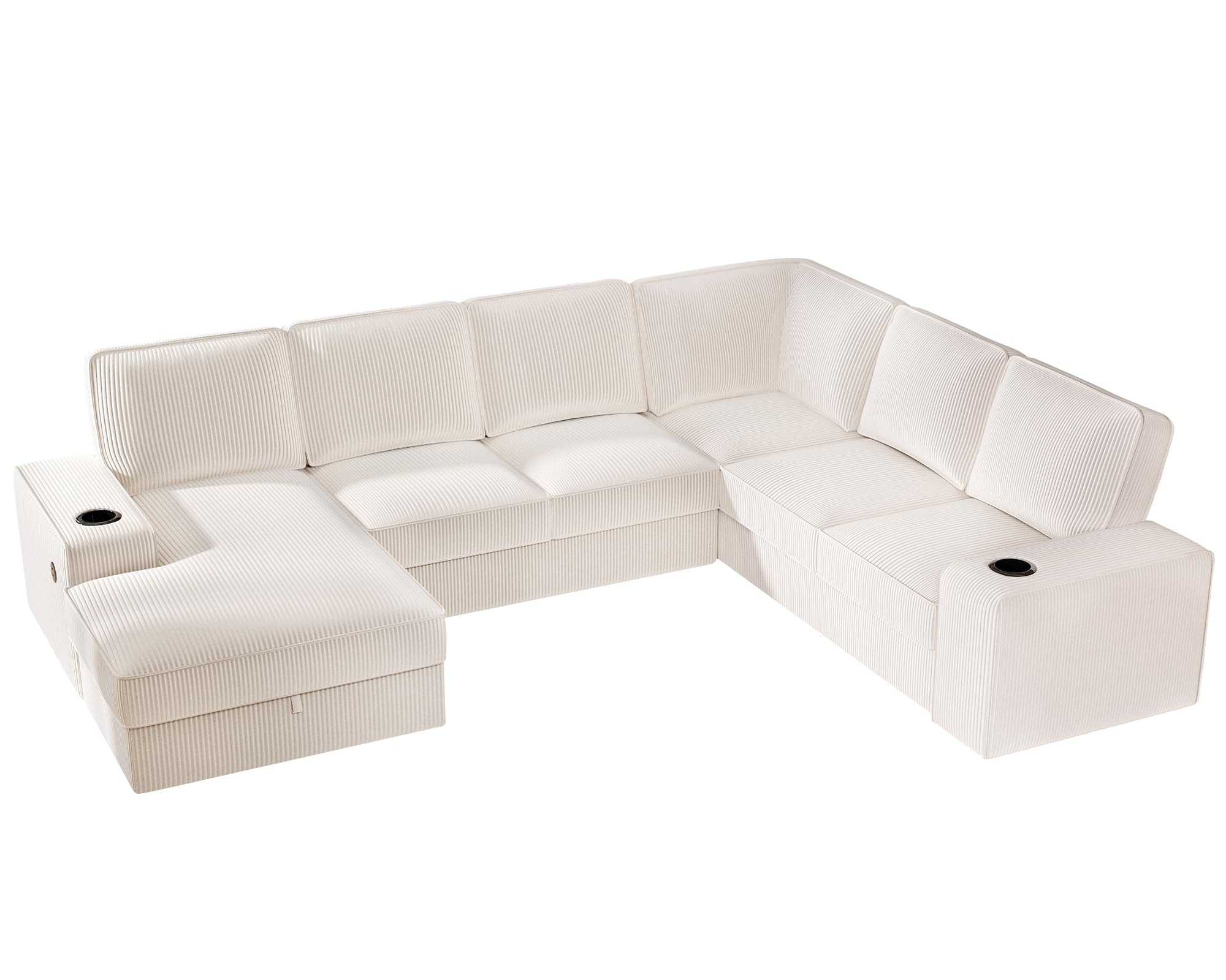 PaPaJet 112 inch Sectional Sofa, Oversized Sofa with Storage Chaise, U Shaped Sofa Couch with USB Ports, Corduroy Couch—Grey