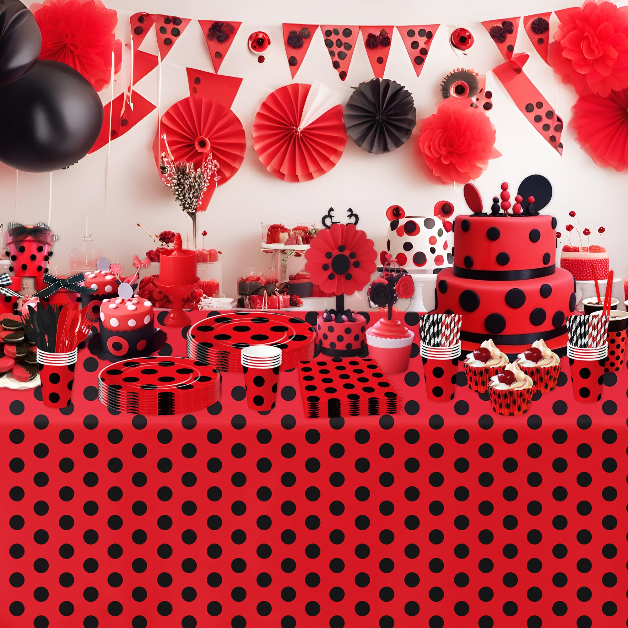 Xenorik Ladybug Birthday Party Decorations Tableware - Ladybug Party Supplies, Plate, Cup, Napkin, Tablecloth, Cutlery, Straw, Lady Bug Theme 1st 2nd 3rd Birthday Baby Shower Decorations | Serve 24