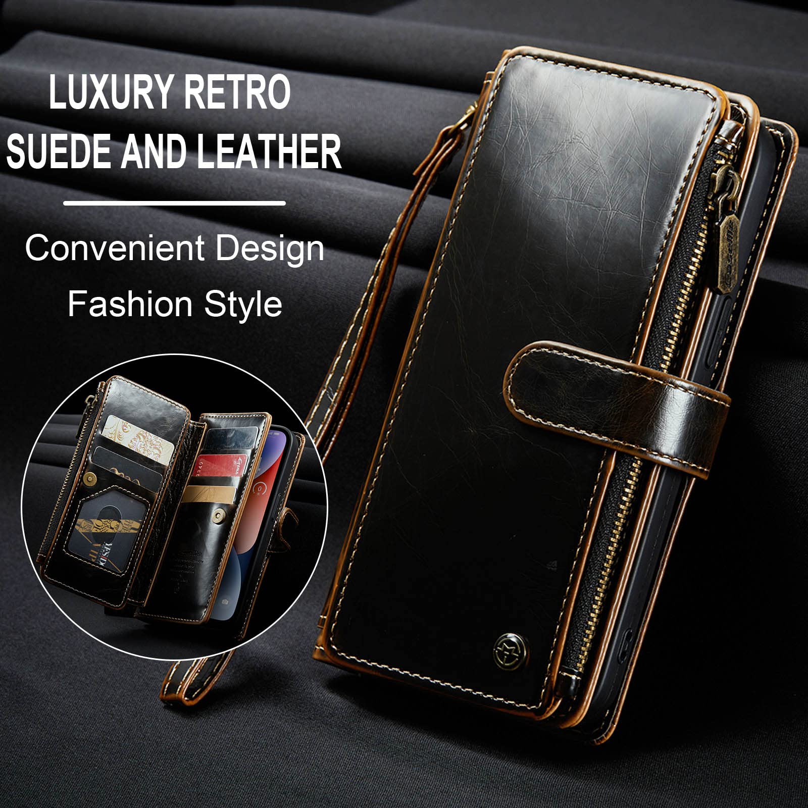 FLIPALM Wallet Case for iPhone 14 Pro(6.1") Flip Case,Compatible with MagSafe Charger,PU Leather Zipper Protective Lanyard Strap Wristlet Case with Magnetic Closure and Card Holder Luxury Coffee