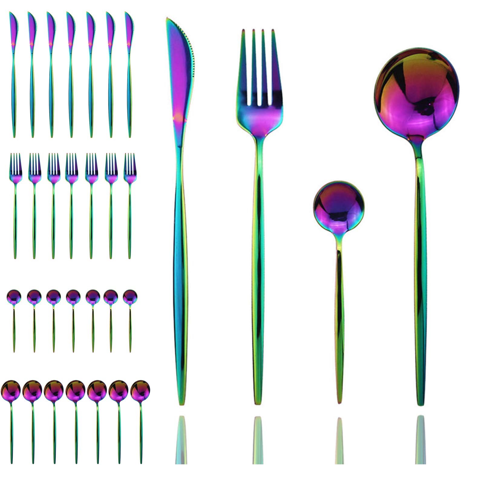 JASHII 32 Pieces Silverware Set, Flatware Set Stainless Steel Cutlery Set Service for 1,Include Knife/Fork/Spoon,Mirror Polished (Rainbow)