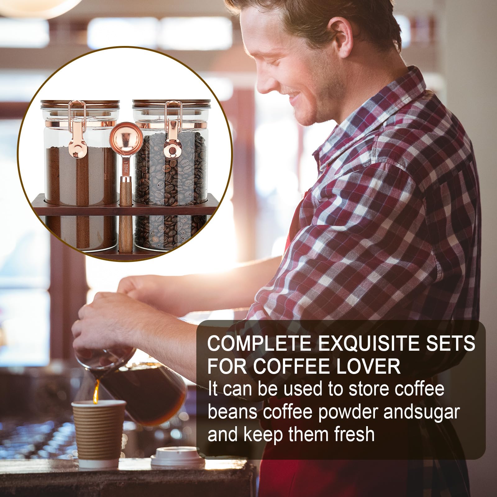 SIQOLNY Glass Coffee Container with Wooden Shelf, 2 x 40 FLOZ Coffee Bean Storage with Sealed Closure Clips and Copper Spoon, Kitchen Large Capacity Food Storage Jar, Ground Coffee Container