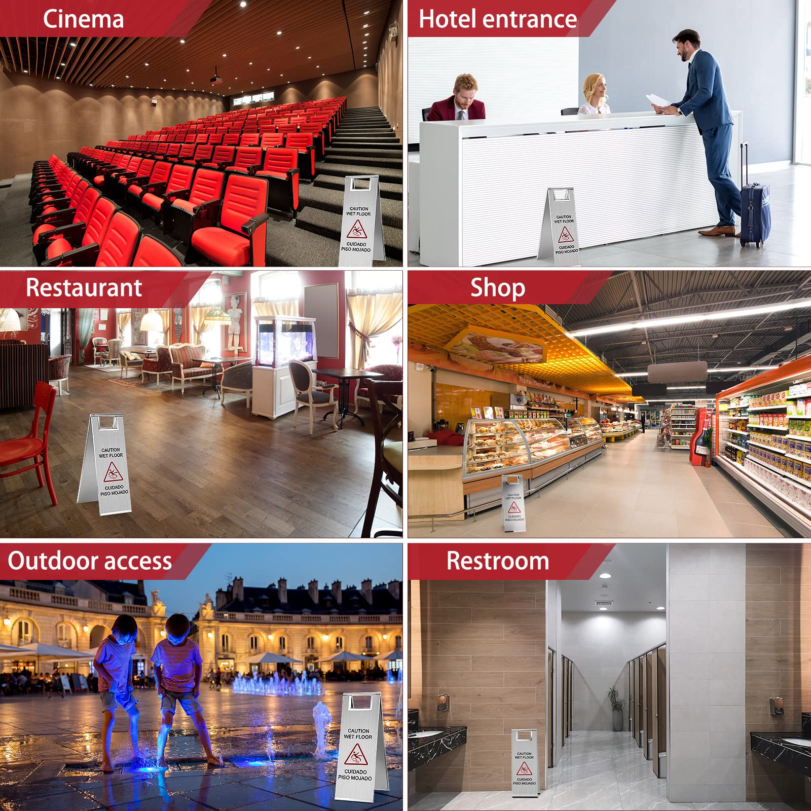LEIFIDE 4 Pcs Stainless Steel Wet Floor Caution Sign Bulk 8.8 Pound Portable Foldable Handle Bilingual Safety Sign for Kitchen Restaurant Shop commercial Use Avoid Fall and Slip Accident(4 Pcs)