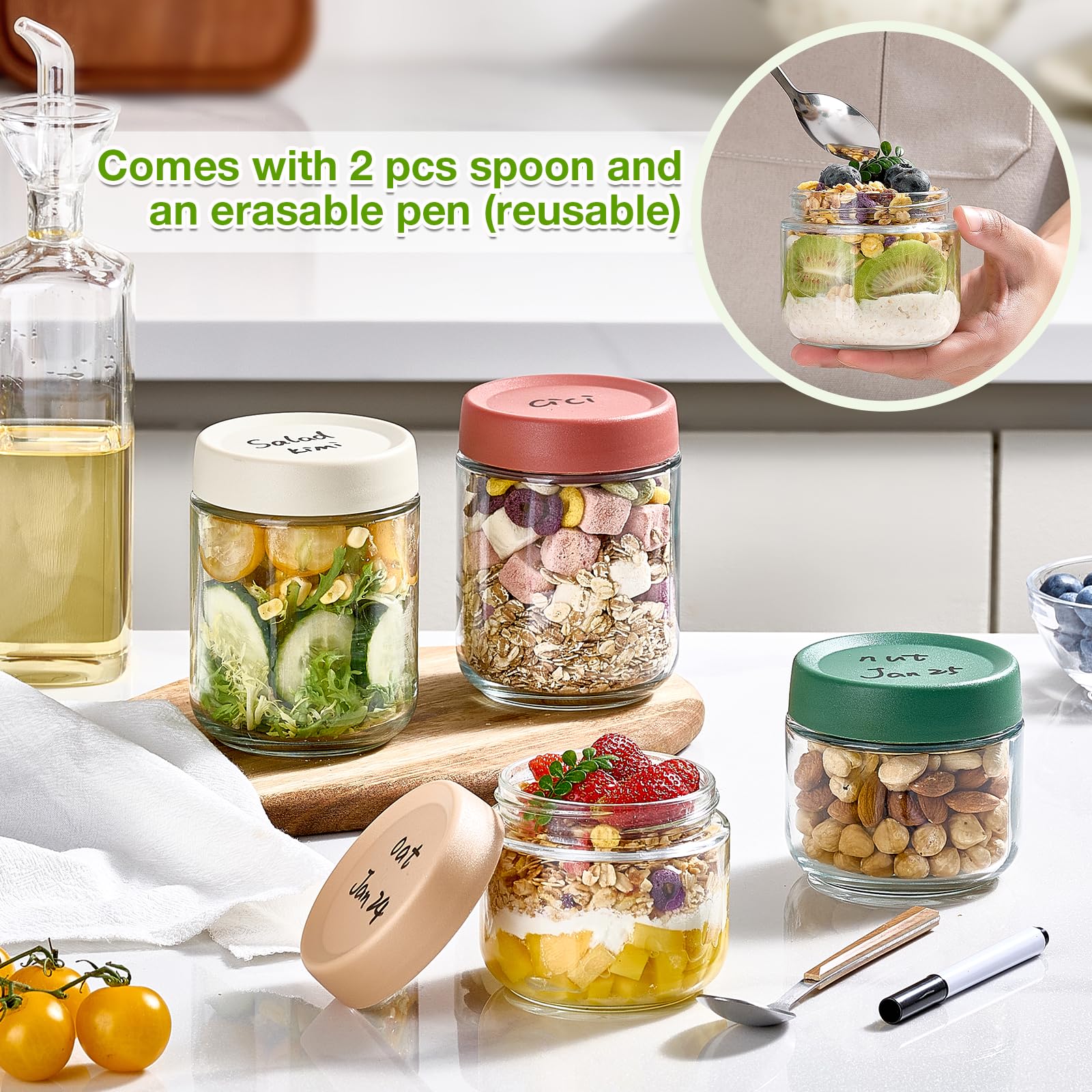 Qipecedm 8 Pack Overnight Oats Containers with Lids, Large & Small Glass Mason Jars 16oz & 10 oz, Breakfast Oatmeal Container to Go, Salad Meal Prep Jars for Food Storage, Mush Chia Seed Pudding Jars
