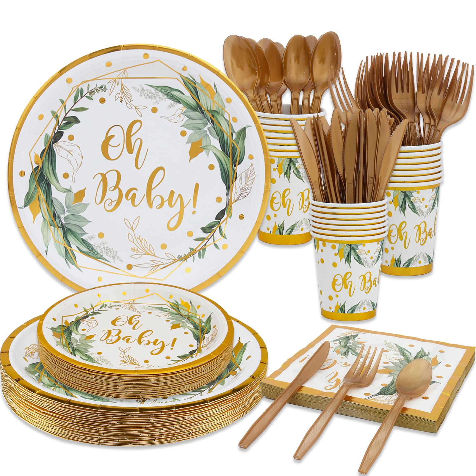 Sage Green Baby Shower Decorations, Oh Baby Theme Neutral Party Tableware Set ; 9" Plates, 7" Plates, Napkins, Cups and Utensils- Floral Gender Reveal Party Supplies for boys & girls -Serve 24