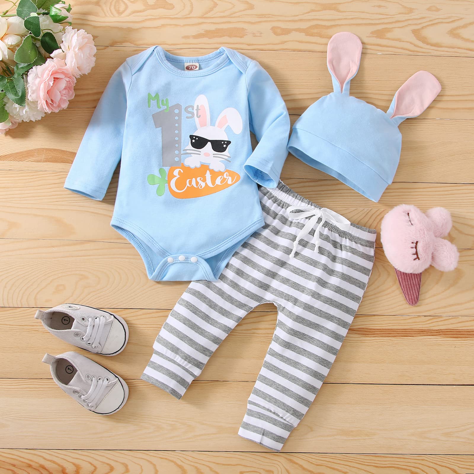 Noubeau Baby Boy Girl Easter Outfit My 1st Easter Long Sleeve Romper Stripe Pants Bunny Ears Hat 3PCS Clothes Set(Bunny-2,3-6 Months)