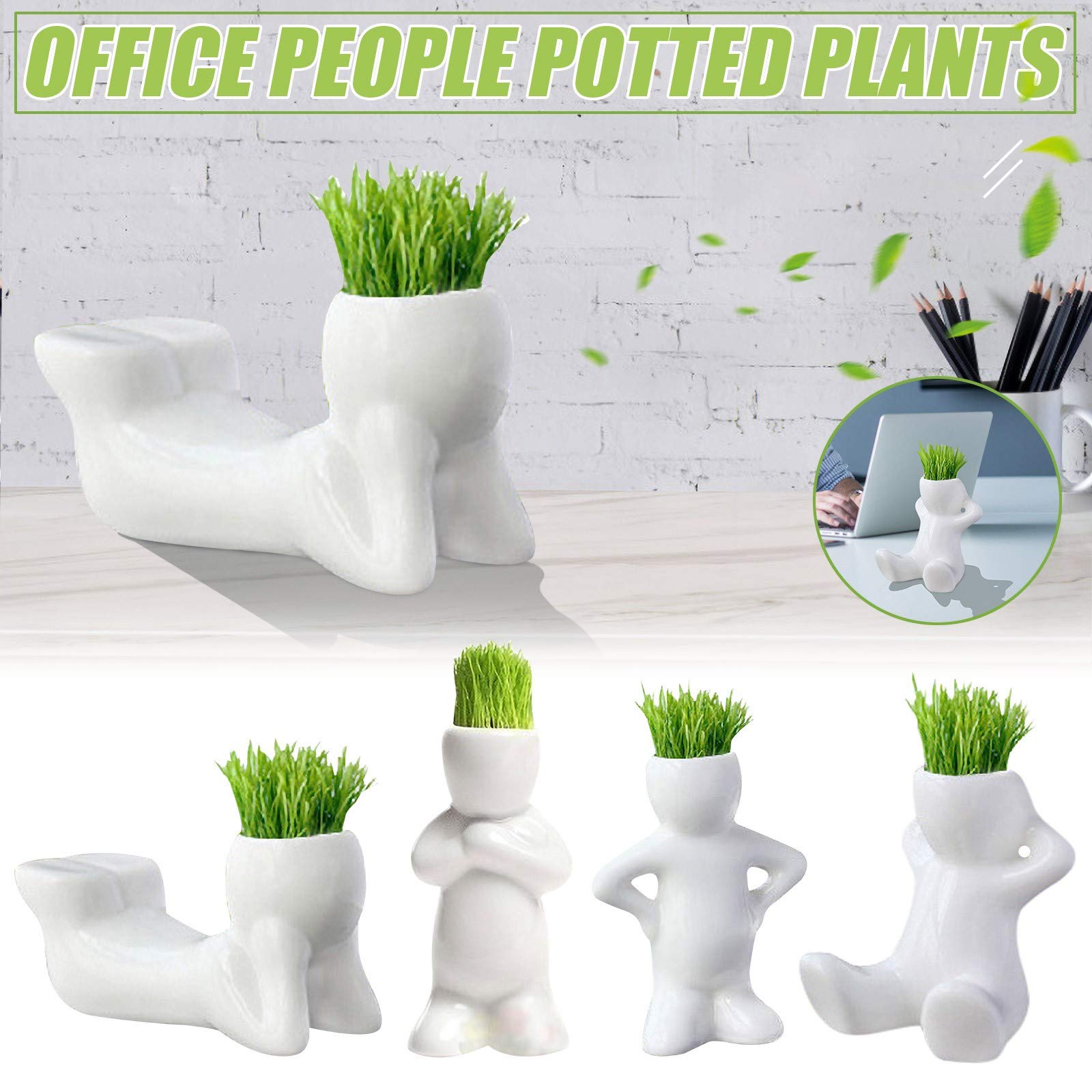 Lincox Mini Bonsai Head Grass Doll Hair White Ceramic Plant Garden, Tree Doll Grass Pot, Ceramic Air Head People Planters Air Plant Holders Table Top Display Planters for Mini Plants Garden Decor (C)