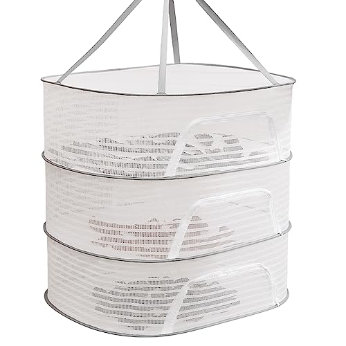 QmjdDymx Herb Drying Rack 3 Layer Hanging Herb Drying Bags Net Collapsible Mesh Sock Drying Rack with Zipper Opening Household Hanging Shelves(White,40x60cm)
