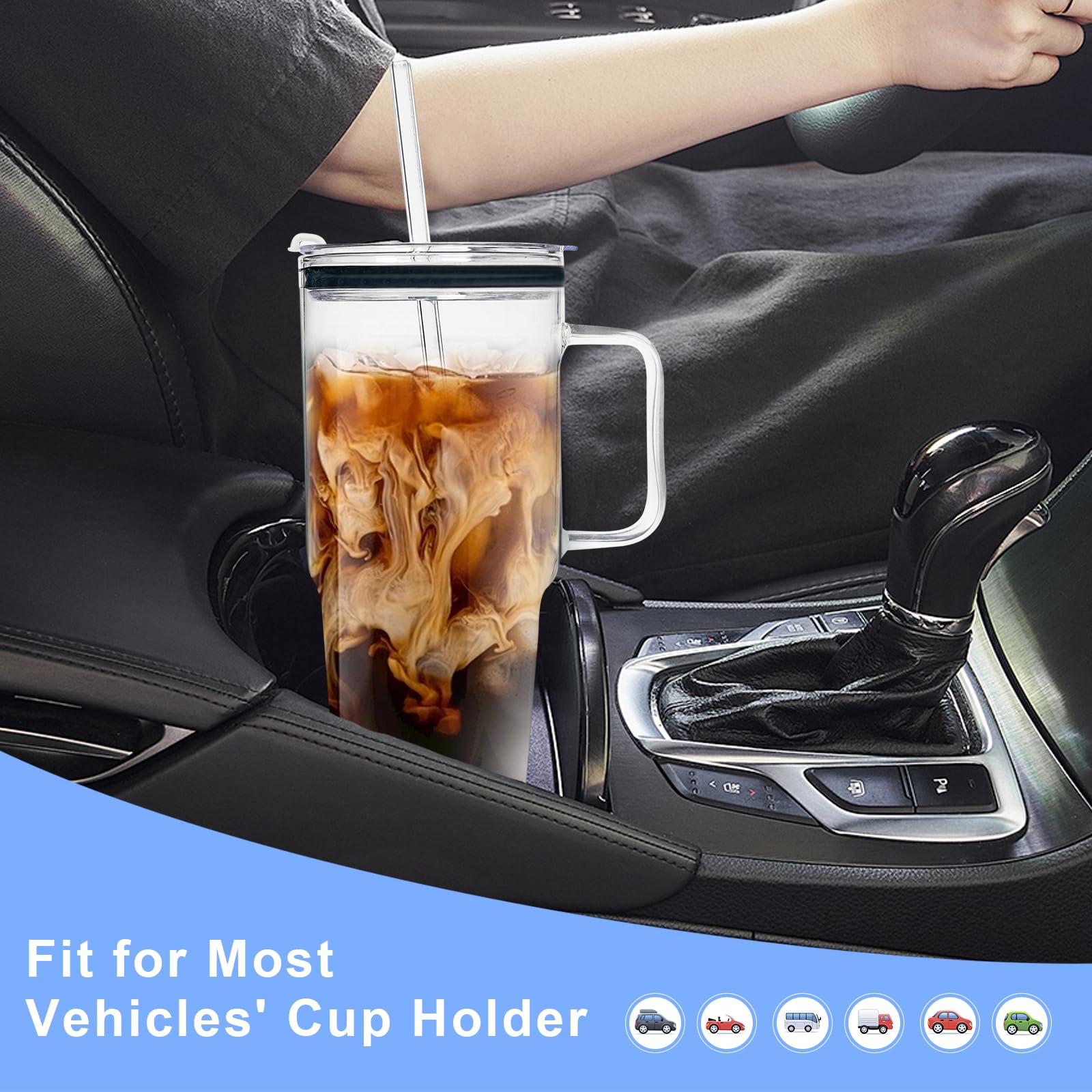 ONEHAUS Glass Tumbler with Lid and Straws, 40oz Glass Cup with Handle, Glass Water Cup,Beer Cup, Ice Coffee Cup, Fits In Cup Holder