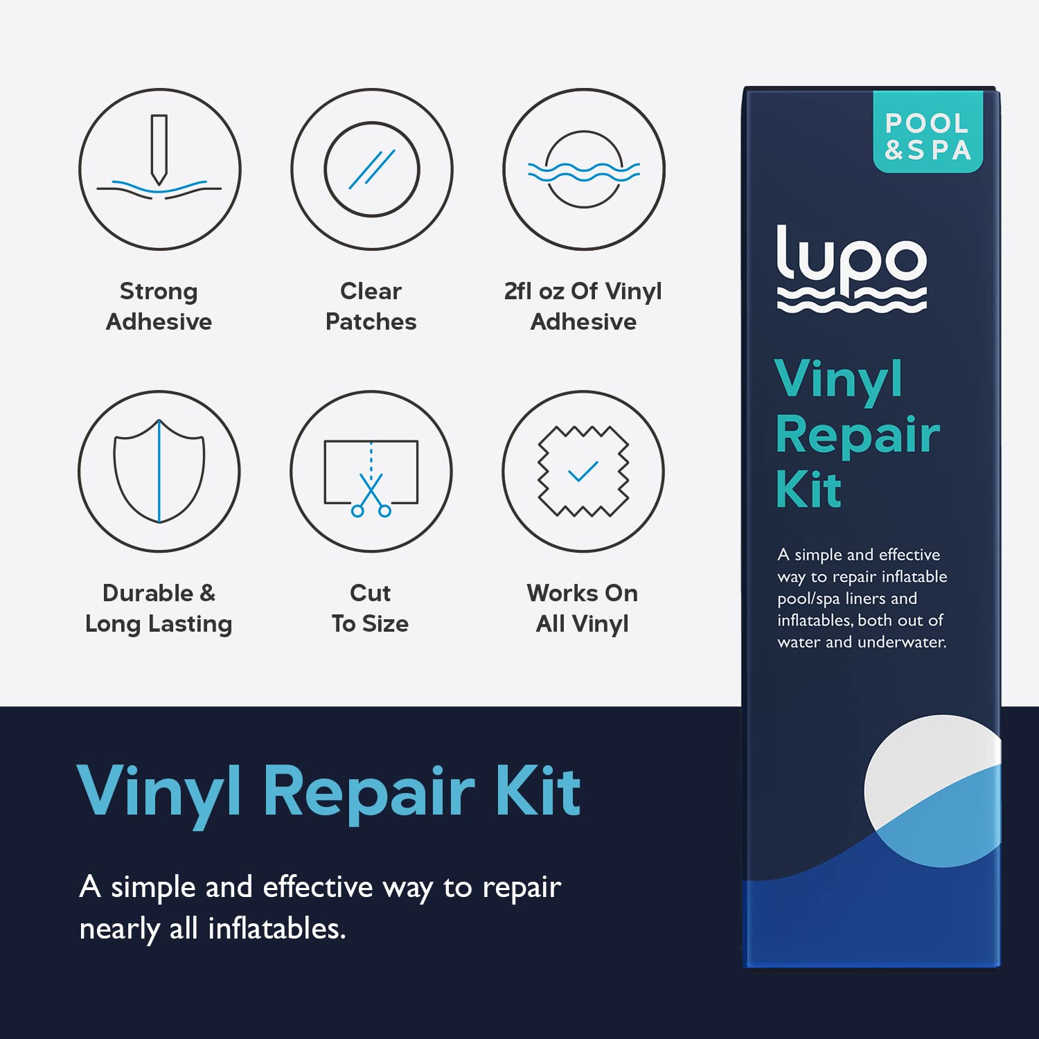 Lupo 12 Piece Heavy Duty Vinyl Repair Kit for Above Ground Swimming Pool Liners, Hot Tubs, Inflatables, Air Beds (Repair Patches, Glue and Application Tool)