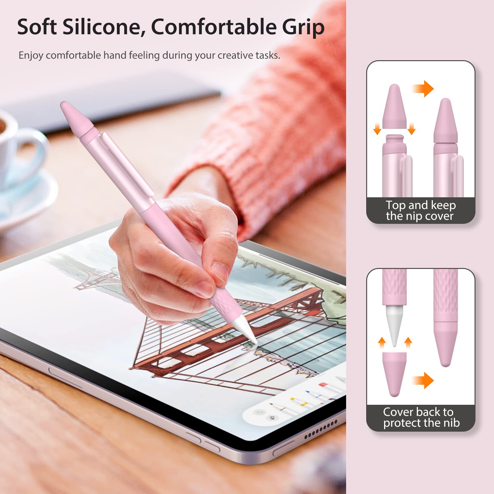 MoKo Silicone Pencil Case, Magnetically Attach Lightweight Protective Pencil Cover Support Wirelessly Charge for Apple Pencil 2nd Gen/Apple Pencil Pro, Anti-Grip Pencil Holder with Clip and 3 Nips