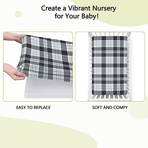 Plaid Themed Fitted Mini Crib Sheets,Portable Mini Crib Sheets Soft Toddler Mattress Sheet Fitted-Great for Boy or Girl Room or Nursery,24β x38β,Indigo White and Pale Taupe