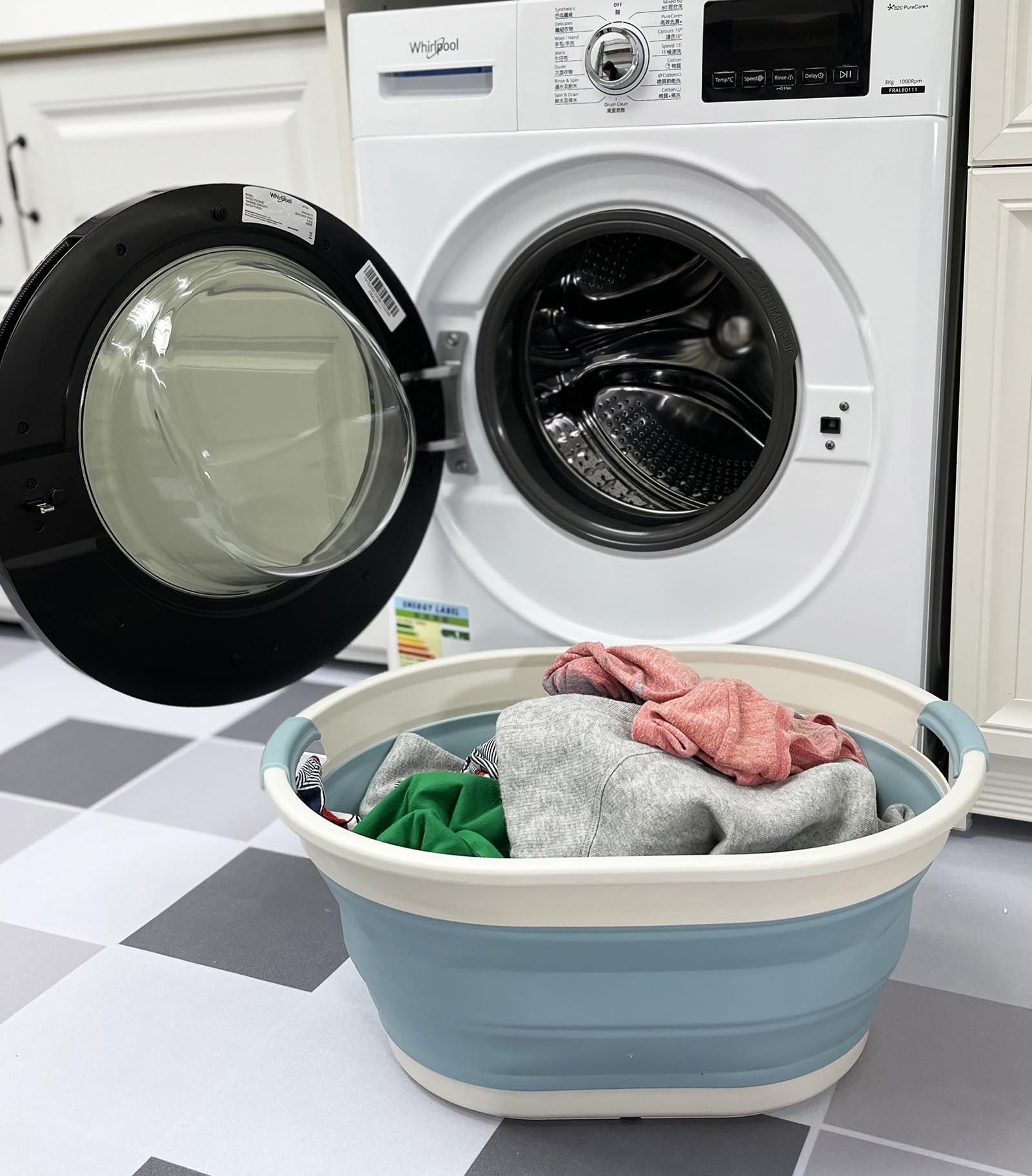 SAMMART 28L (7.4Gallons) Collapsible Plastic Laundry Basket - Oval Tub/Basket - Foldable Storage Container/Organizer - Portable Washing Tub - Space Saving Laundry Hamper (1, Grey/Sterling Blue)