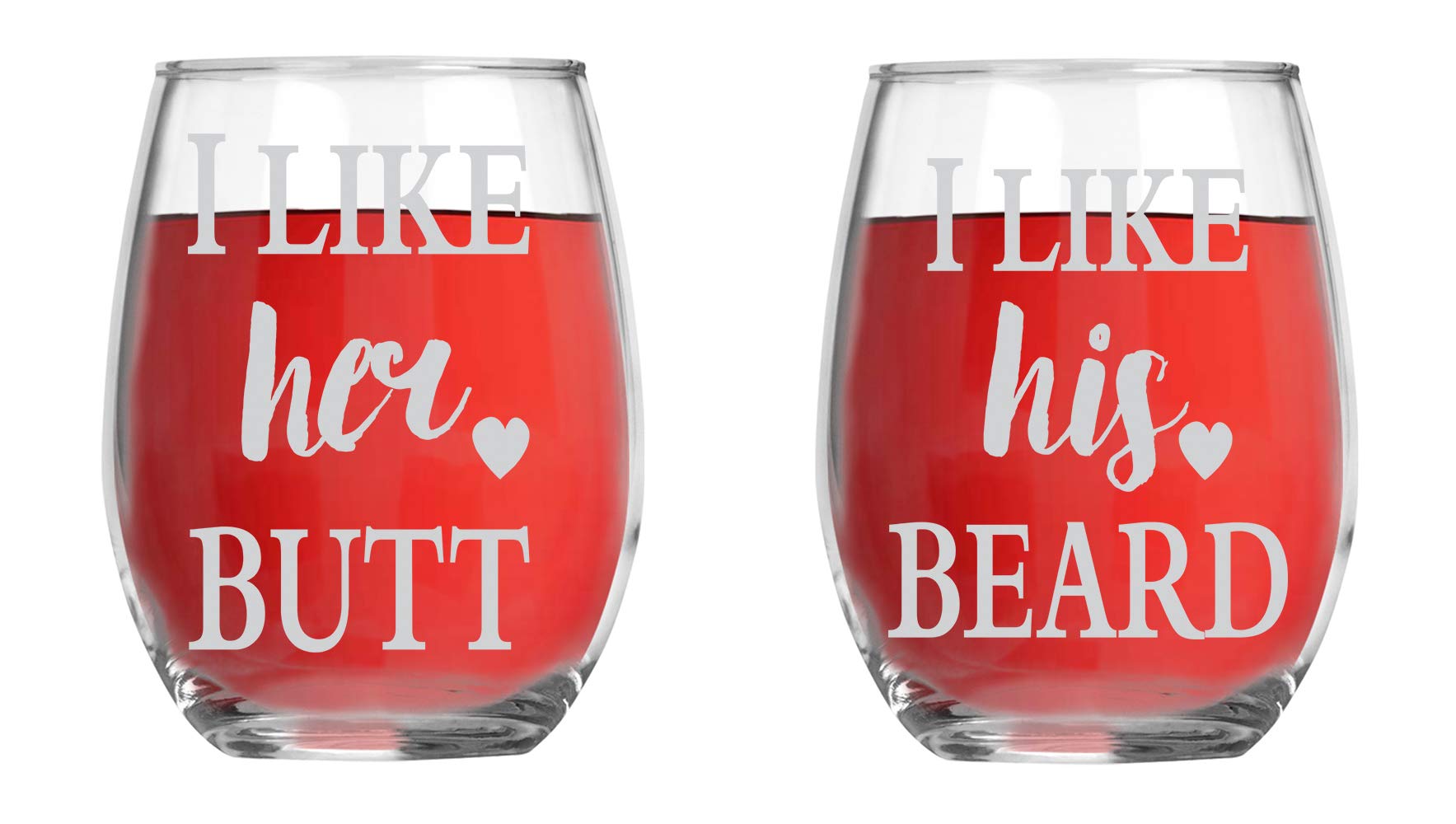 I Like His Beard, I Like Her Butt - 15oz Crystal Wine Glasses - Couples Stemless Wine Glasses – His And Hers Gifts Ideas For Anniversary, Weddings, Bridal Showers