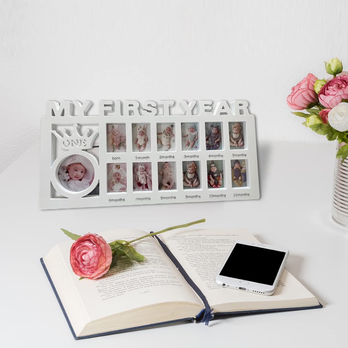 Moteizho Baby's First Year New Born Keepsake Frame 12 Month Picture Frame Milestone Photo Frame Baby Picture Frame Nursery Picture Frames 16"x8"x1" (white)