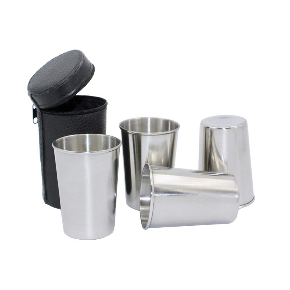 lasenersm 4 Pieces 170ml (5.7 oz) Stainless Steel Shot Cups Shot Glass Drinking Vessel with One Black PU-Leather Carrying Case Outdoor Camping Travel Coffee Tea Cup, Silver Cup, Black Case