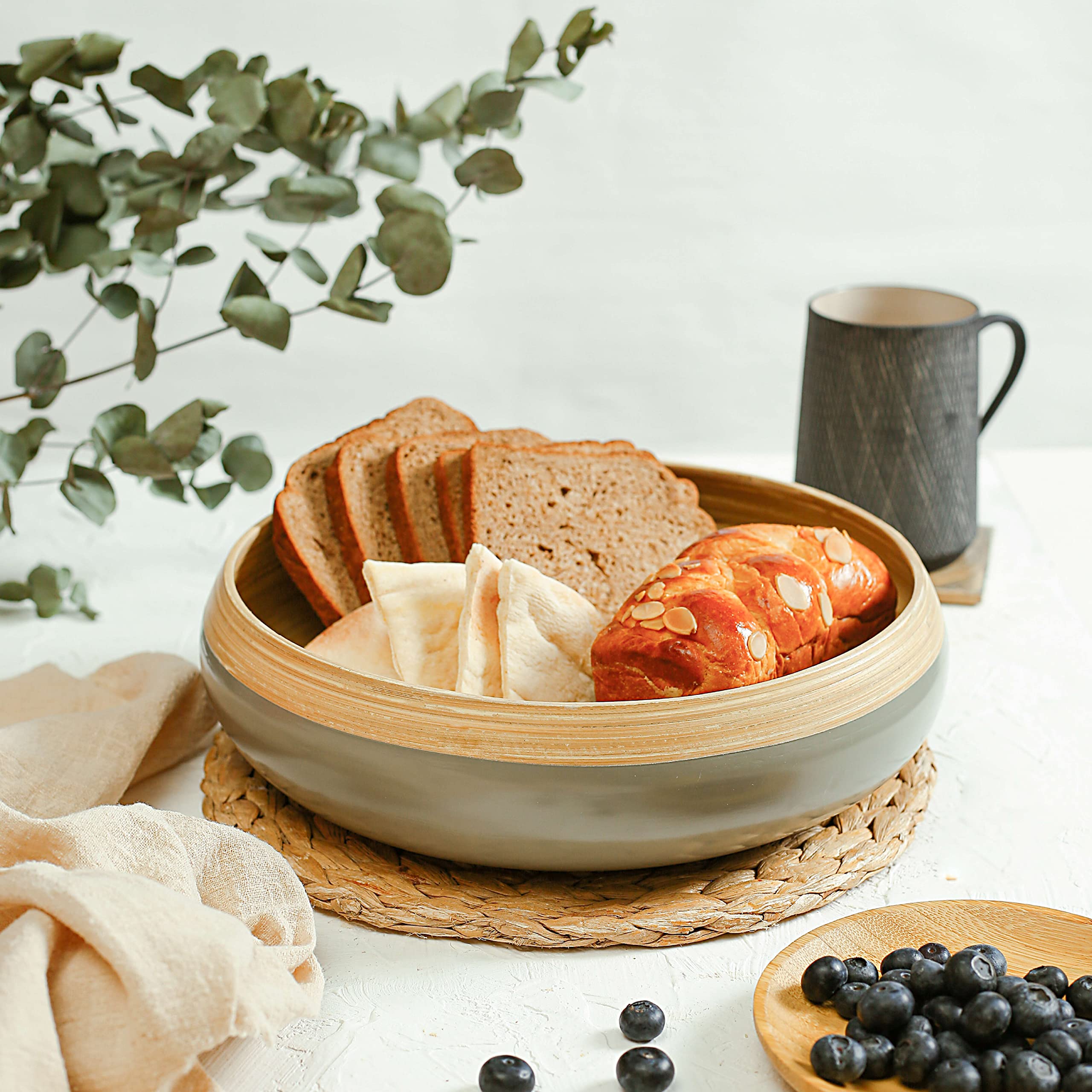 Kiwi Homie 11.81" Spun Bamboo Fruit Bowl, Bamboo Salad Bowl, Modern Large Serving Bowl, Decorative Bowl for Kitchen, Party, BBQs, Natural Handicrafted Bamboo Bowl (Grey)