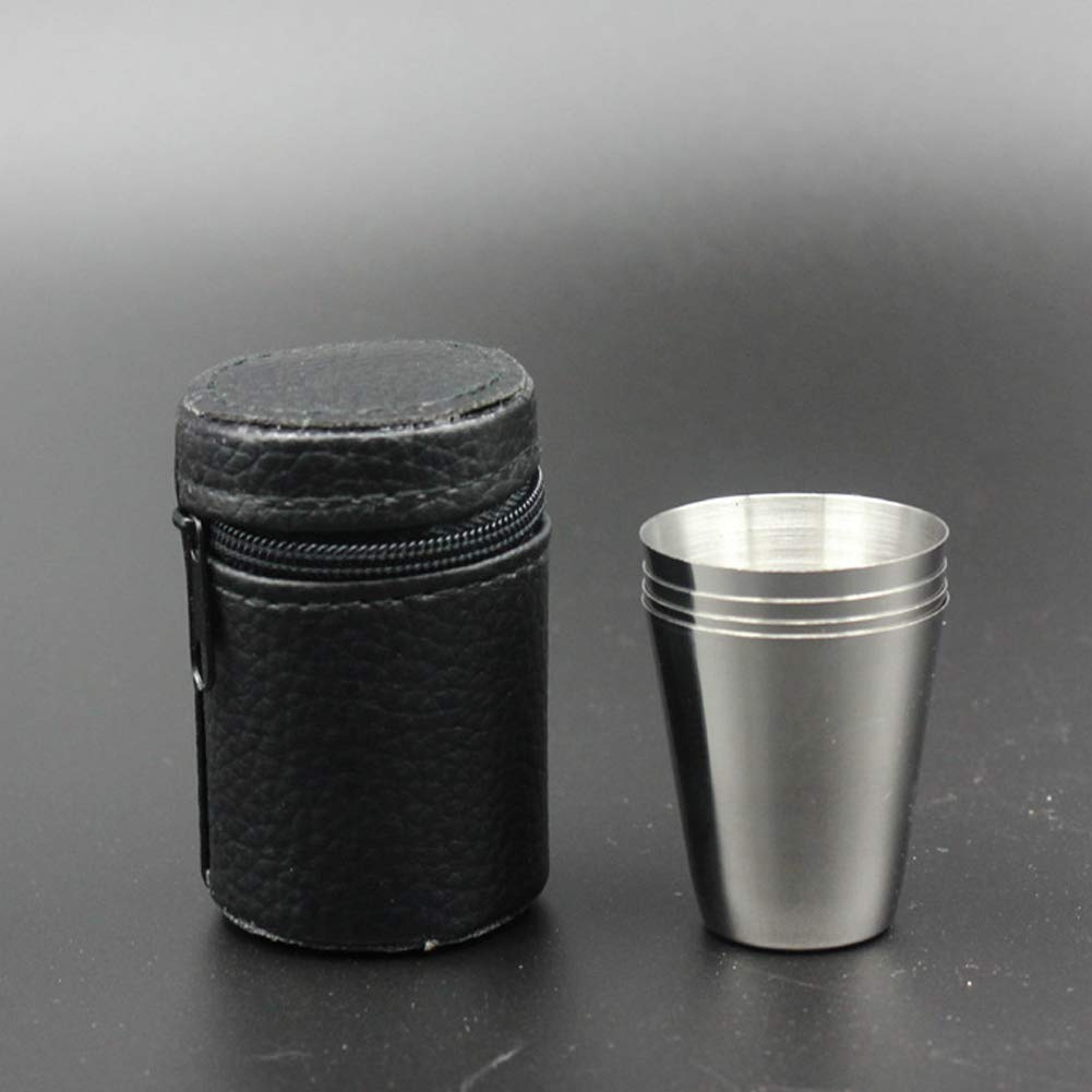 lasenersm 4 Pieces 30ml (1oz) Stainless Steel Shot Cups Shot Glass Drinking Vessel with One Black PU-Leather Carrying Case Outdoor Camping Travel Coffee Tea Cup, Silver Cup, Black Case