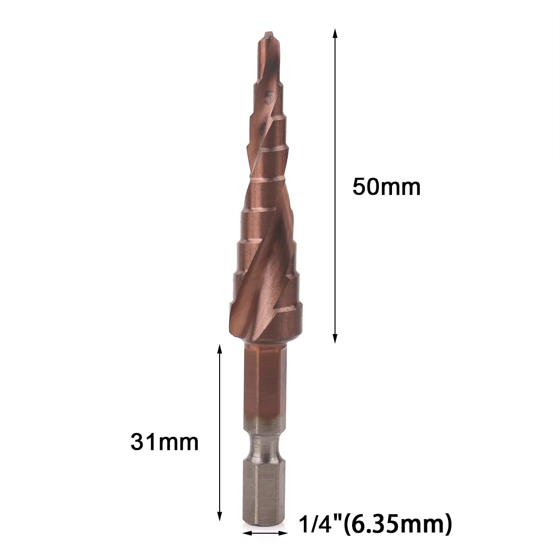 LWCUSNJ Cobalt Step Drill Bit, M35 5% HSS Co, Spiral Flutes and 1/4 Inch Hex Shank, Unibit Step Bit for Hole Drilling in Metal, Copper, Aluminum, Wood, Plastic (4-12mm,1pc)