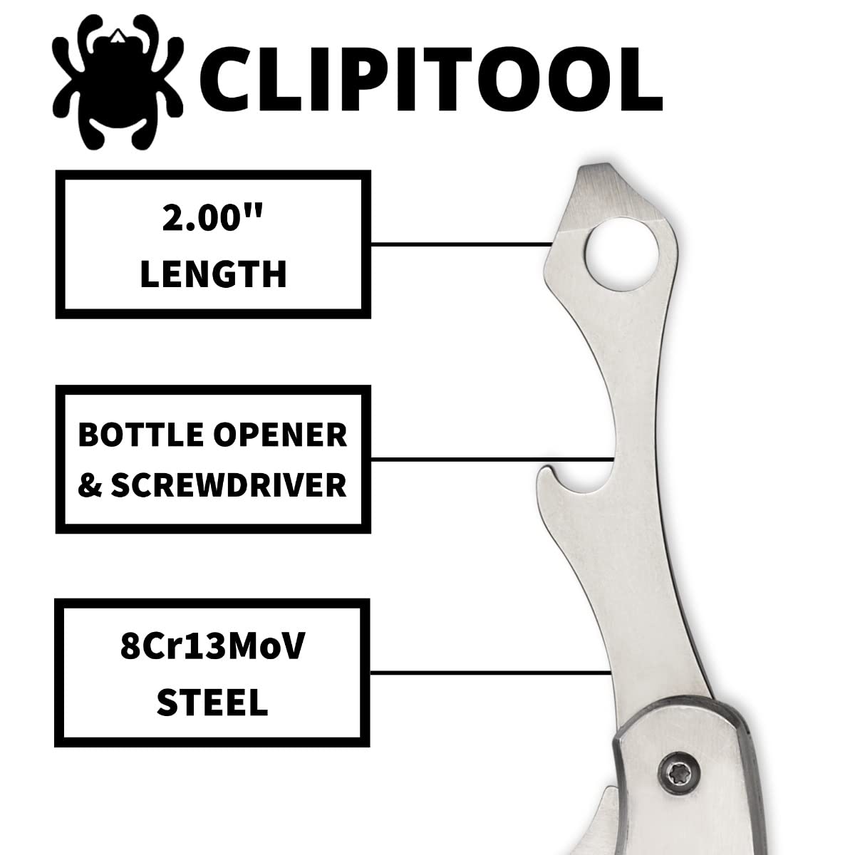 Spyderco ClipiTool Multi-Functional Stainless Steel Utility Pocket Knife with 2" Steel Blade and Screwdriver/Bottle Opener - PlainEdge - C175P