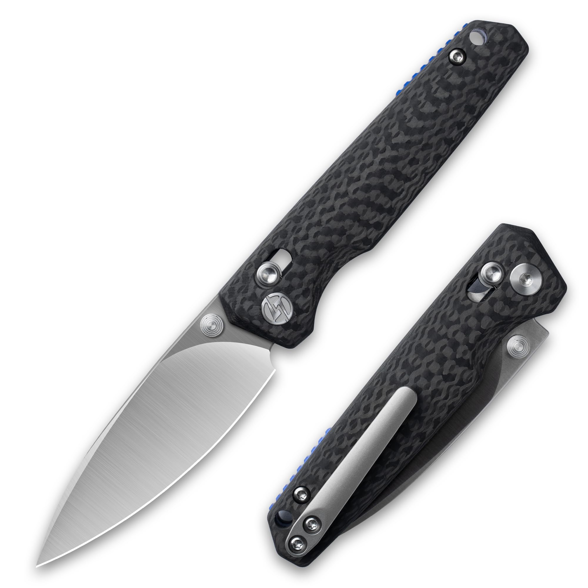 OLITANS C045 Mini Folding Knife 2.6" M390 Blade White Carbon Fiber Handle, Sharp Crossbar Lock Small Folding Knife with Deep Carry Pocket Clip For EDC（Satin）