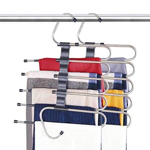 OKOMARSS Pants Hangers Space Saving, 2 Pack Stainless Steel Anti-Slip Multiple Layers Multifunctional Pants Hangers Uses Wardrobe Clothes Hangers for Pants Trousers Skirts Scarves (Black)