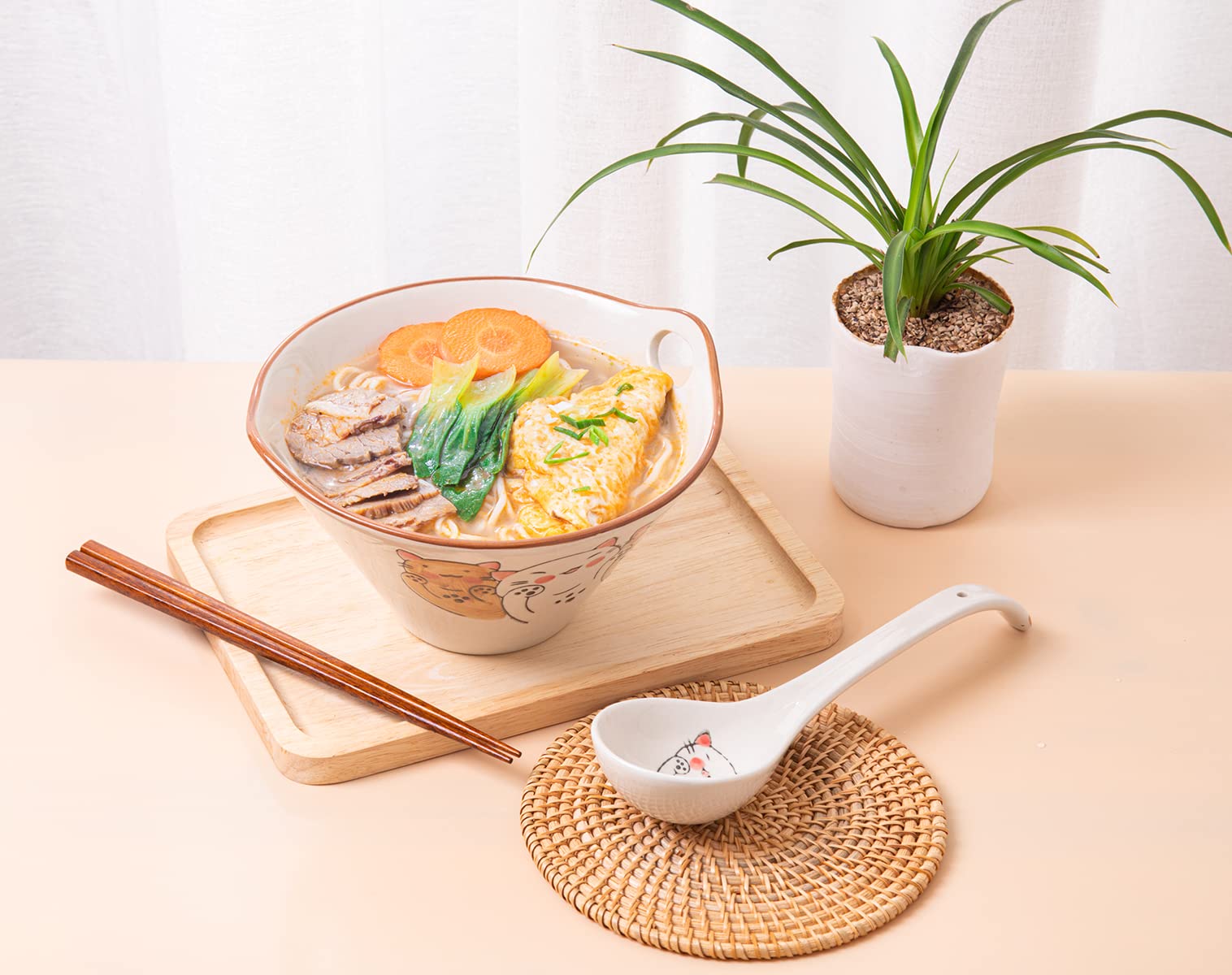 LLDAYU large Ceramic Japanese Ramen Noodle Soup Bowl, 27 Ounce Deep Bowl, with Matching Spoon and Chopsticks for Udon Soba Pho Asian Noodles.Dishwasher & Microwave Safe(Lucky Cat)