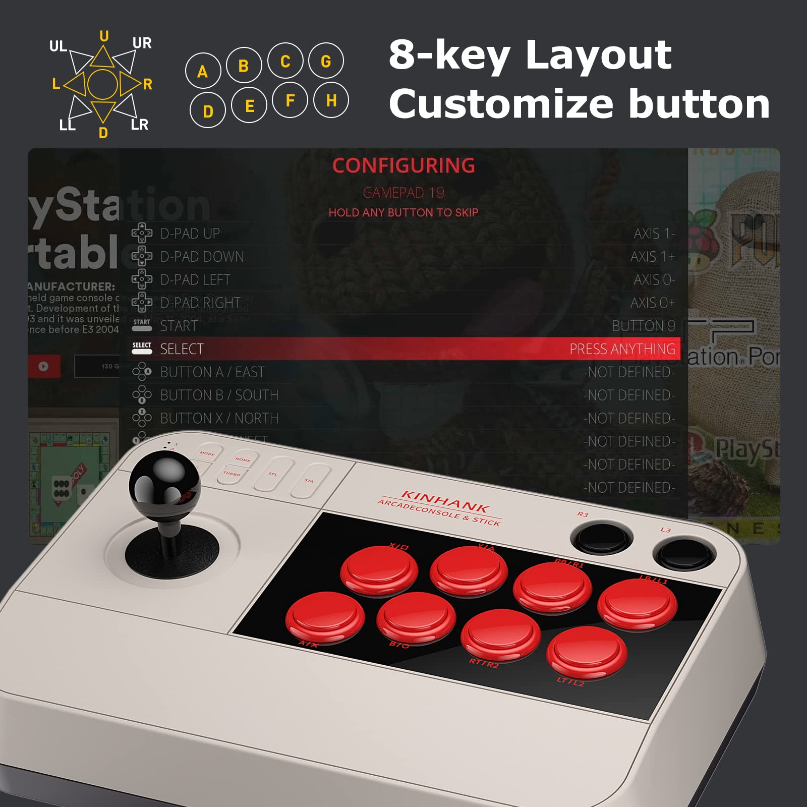 Kinhank Super Console Arcade Game Console & Stick, 50000+ Classic Arcade Games Pre-installed in 256G TF Card(Included),Compatible with PC host/Android phone etc, 4K HD-out,USB2.0,Grey