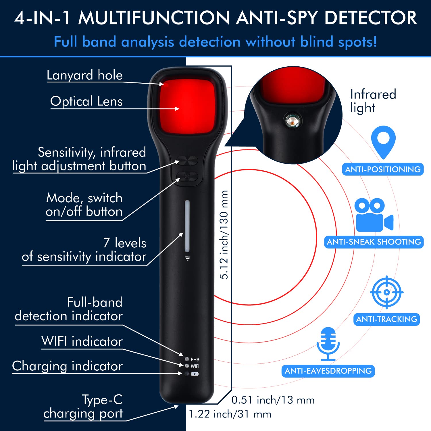 Motteru Detector - 7 Sensitivity Levels, Hidden Camera Finder Vibration Alarm, Hidden Camera Detectors, Bug Detector, RF Detector, Anti Spy Detector, GPS Tracker Detector, Bug Sweeper Detector