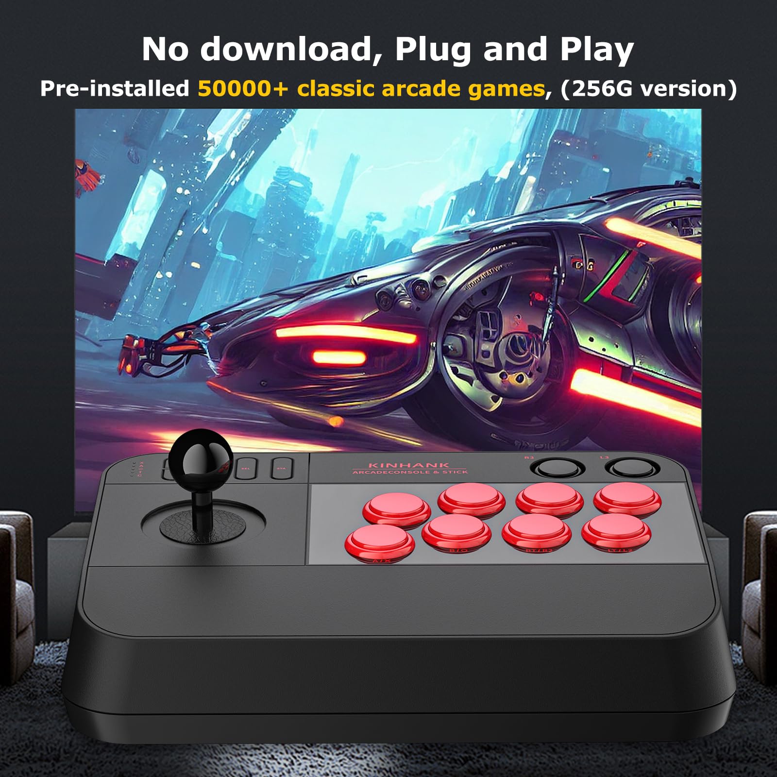 Kinhank Super Console Arcade Game Console & Stick, 50000+ Classic Arcade Games Pre-Installed in 256G TF Card(Included), S905X3 Chip, Compatible with PC Host/Android Phone etc, HD-Out,Black (256G)
