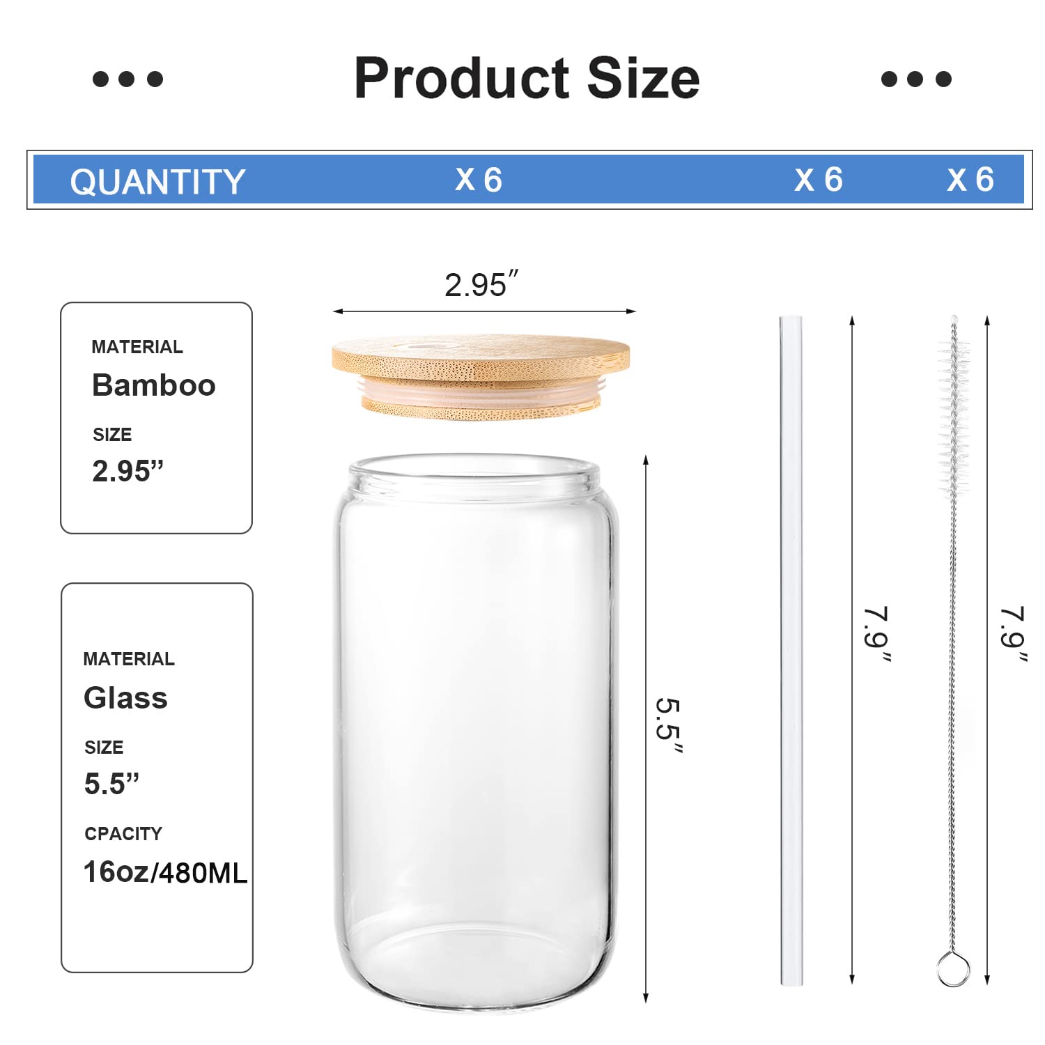 JMScape Clear Sublimation Glass Cups Blanks with Bamboo Lid and Straw 6pcs Set, 16oz Sublimation Glass Tumbler, Sublimation Beer Can Glass for Iced Coffee Soda Drinks