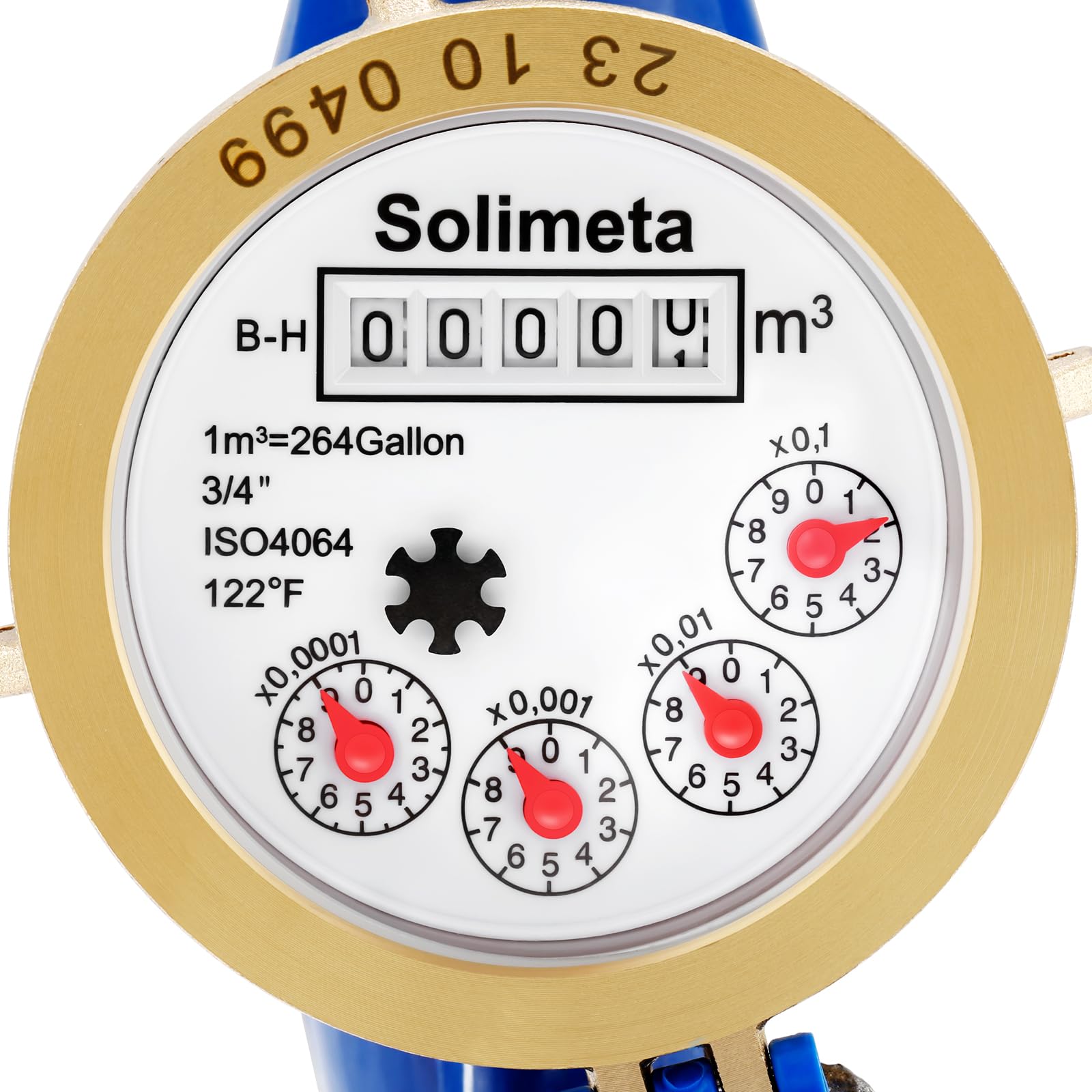 Solimeta Water Meter, Cold Water Meter for Garden and Home, 3/4"NPT Couplings, Measuring in Cubic Meter