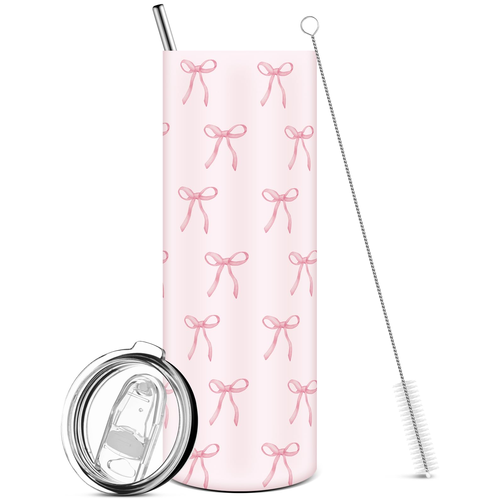 Skylety Pink Bow Tumbler with Lid and Straw, 20 oz Coquette Bow Stainless Steel Drinking Cup for Women Friend Birthday Party Gifts