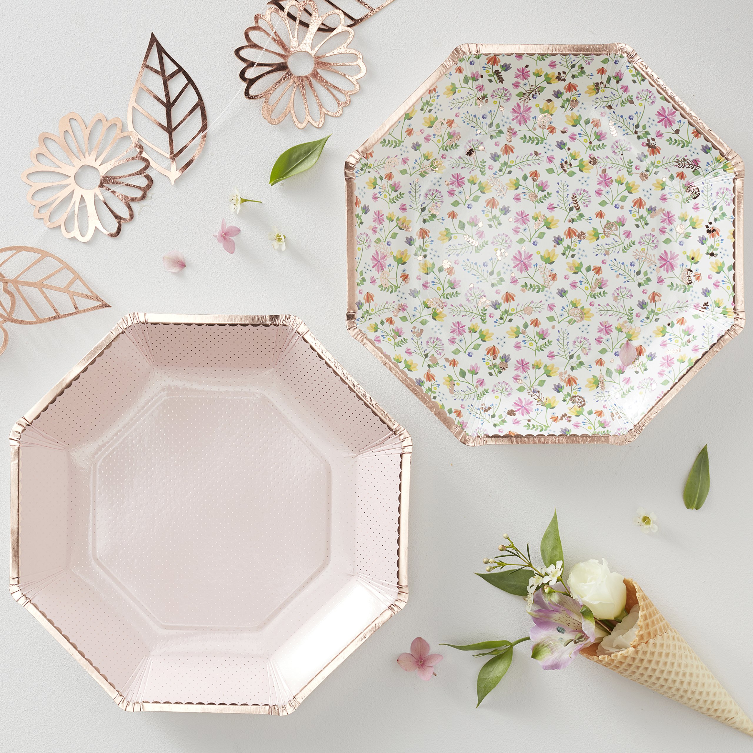 Floral And Pink Rose Gold Foiled Party Paper Plates - 8 Pack
