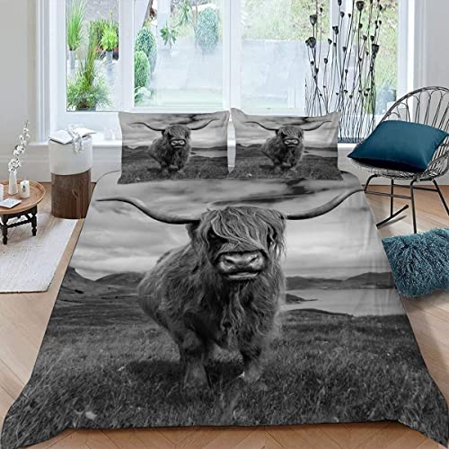 Quilt Cover Twin Size Scottish Highland Cattle 3D Bedding Sets Cow, Animal Duvet Cover Breathable Hypoallergenic Stain Wrinkle Resistant Microfiber with Zipper Closure,beding Set with 2 Pillowcase