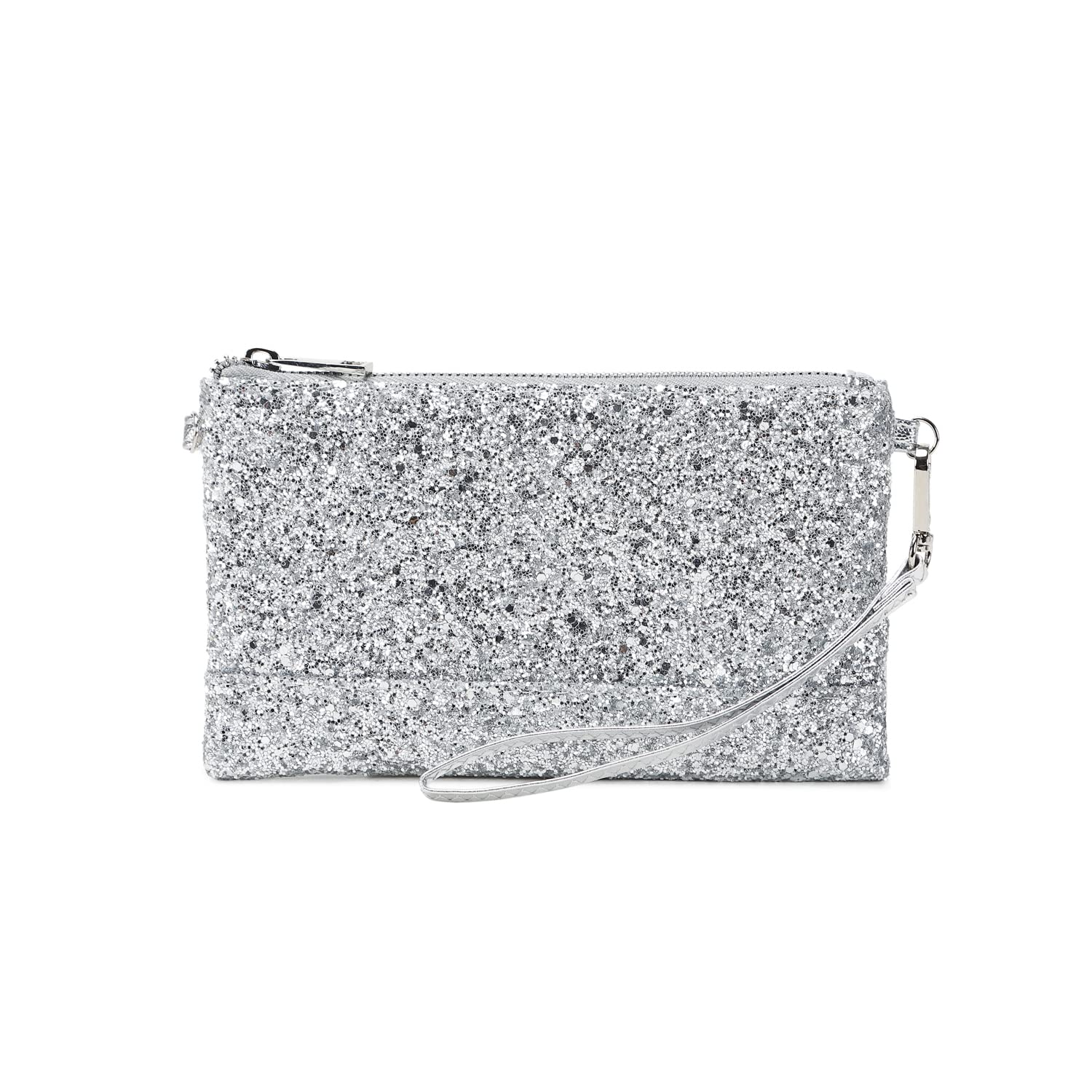 LAM GALLERY Sparkling Glitter Evening Clutch Silver Bride Purse for Wedding Bling Clutch Handbag for Party - Silver Shoulder Style