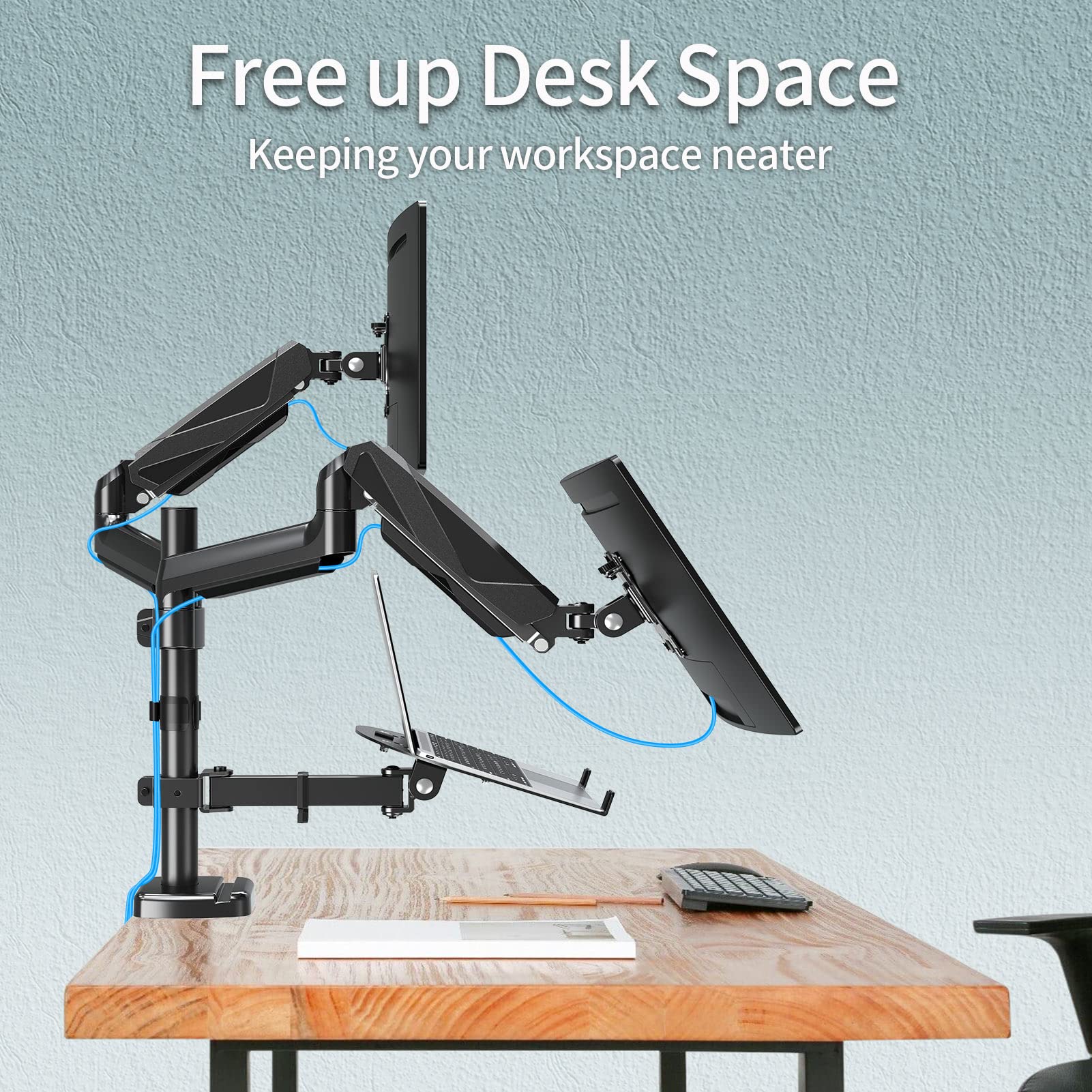 MOUNTUP Dual Monitor and Laptop Mount, Gas Spring Monitor Stand for 2 Max 27" Computer Screens, Laptop Tray Fits 10-17inch Notebook, Holds 4.4-17.6lbs Per Arm, 3-in-1 Adjustable Monitor Desk Mount