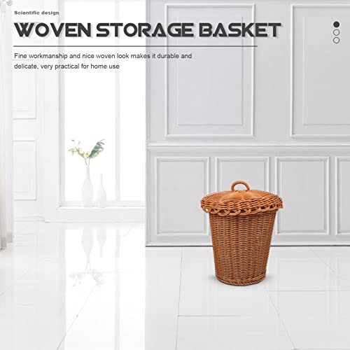 OUNONA Woven Storage Baskets with Lid: Round Wicker Waste Paper Basket Wastebasket Garbage Bin Trash Can for Bedroom Bathroom Kitchen Home Office