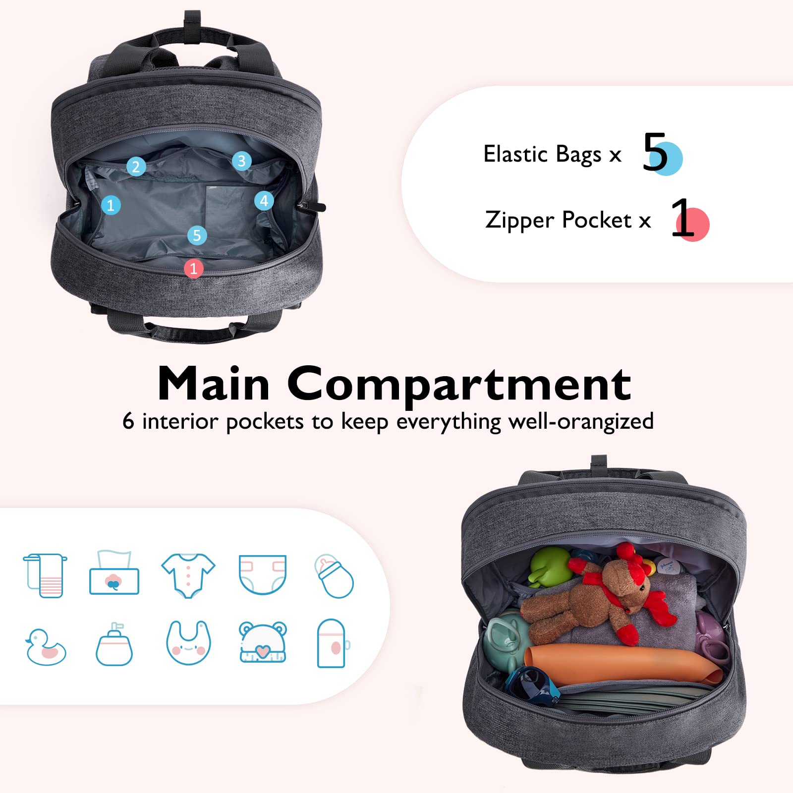 mommore Diaper Bag Backpack Large Travel Diaper Bags with Portable Changing Pad, Pacifier Case and Stroller Straps, Black