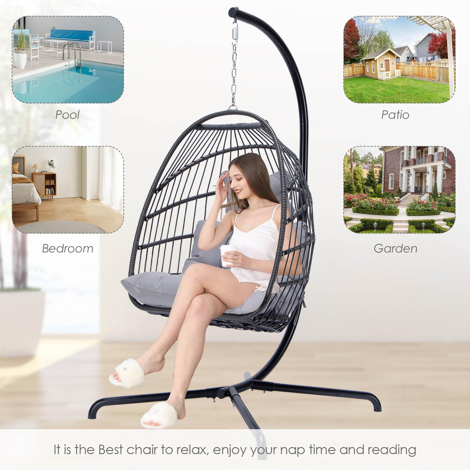 NICESOUL® Indoor Outdoor Patio Wicker Hanging Egg Chair Swing Hammock Egg Chairs UV Resistant Cushions 350lbs Capaticy for Patio Bedroom Balcony (Grey)