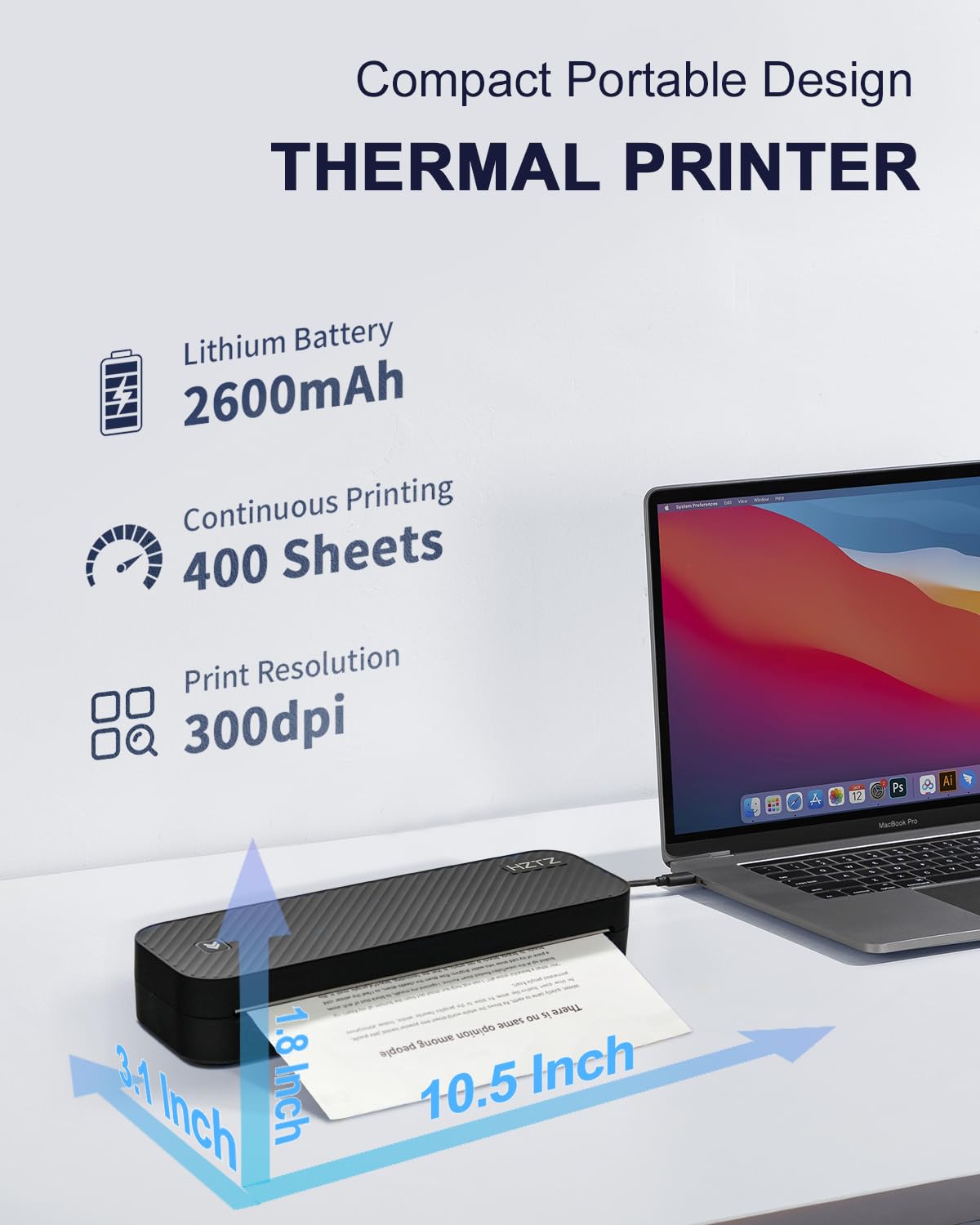 SLCZCZ Portable Printer for Travel, Bluetooth Thermal Printer, Inkless Printing Support 8.5"X11" US Letter/A4/A5 Thermal Paper, Compatible with Android & iOS Phone/Laptop with 1 Roll 210mm Paper