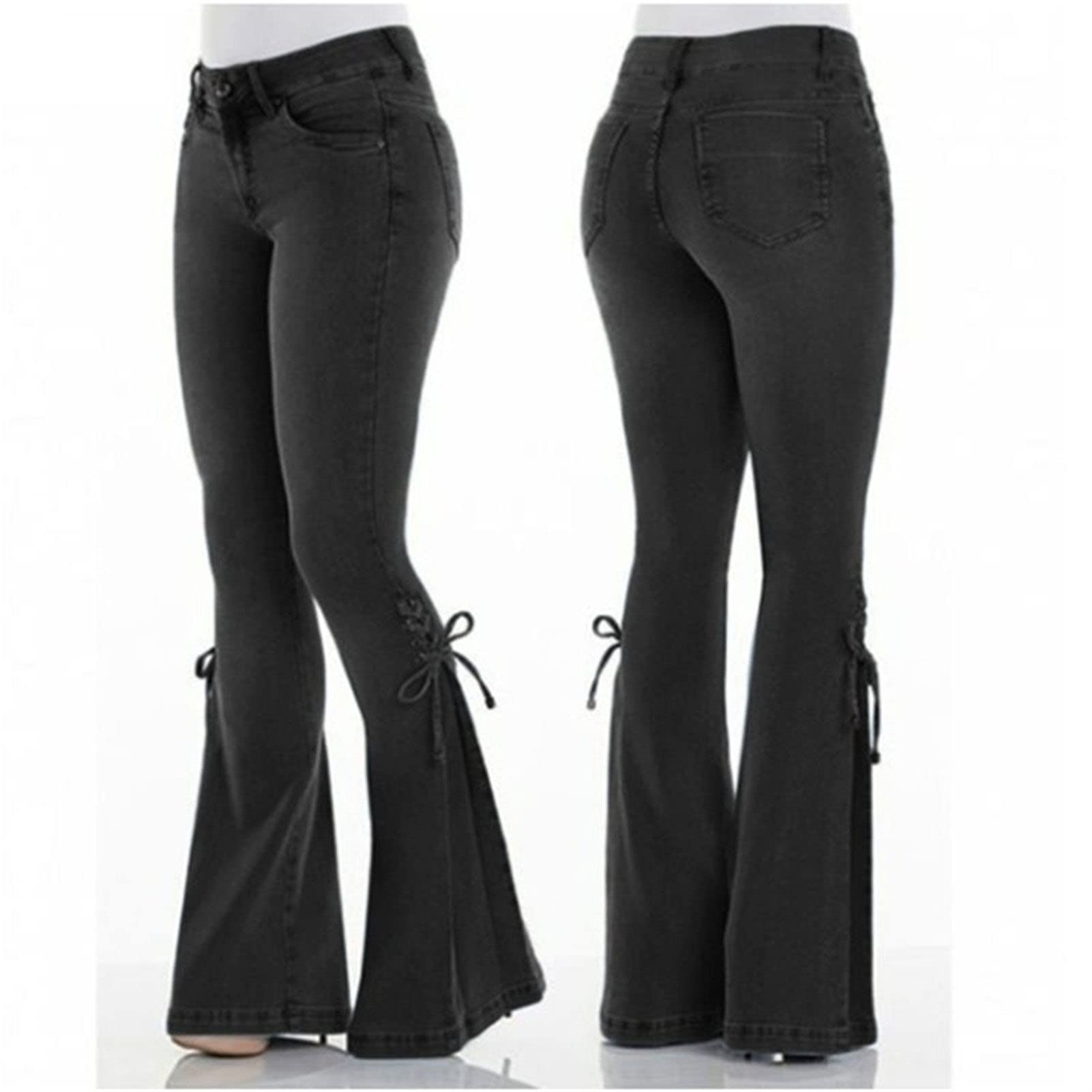 Maiyifu-GJ Lace-up Bell Bottom Denim Pants for Women Bandage Drawstring Legs Flared Jeans Mid Waisted Bootcut Slim Jean Trouser (Black,X-Large)