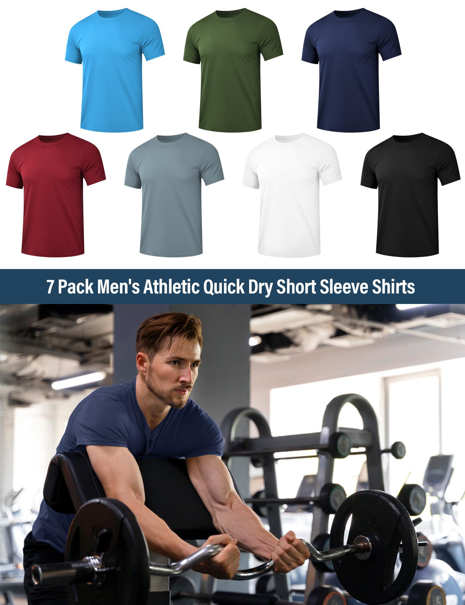 HOPLYNN 7 Pack Men's Athletic Quick Dry Moisture Wicking Short Sleeve Dry Fit T Shirts Workout Shirts 3 Black 1 White 1 Grey 1 Blue 1 Green X-Large