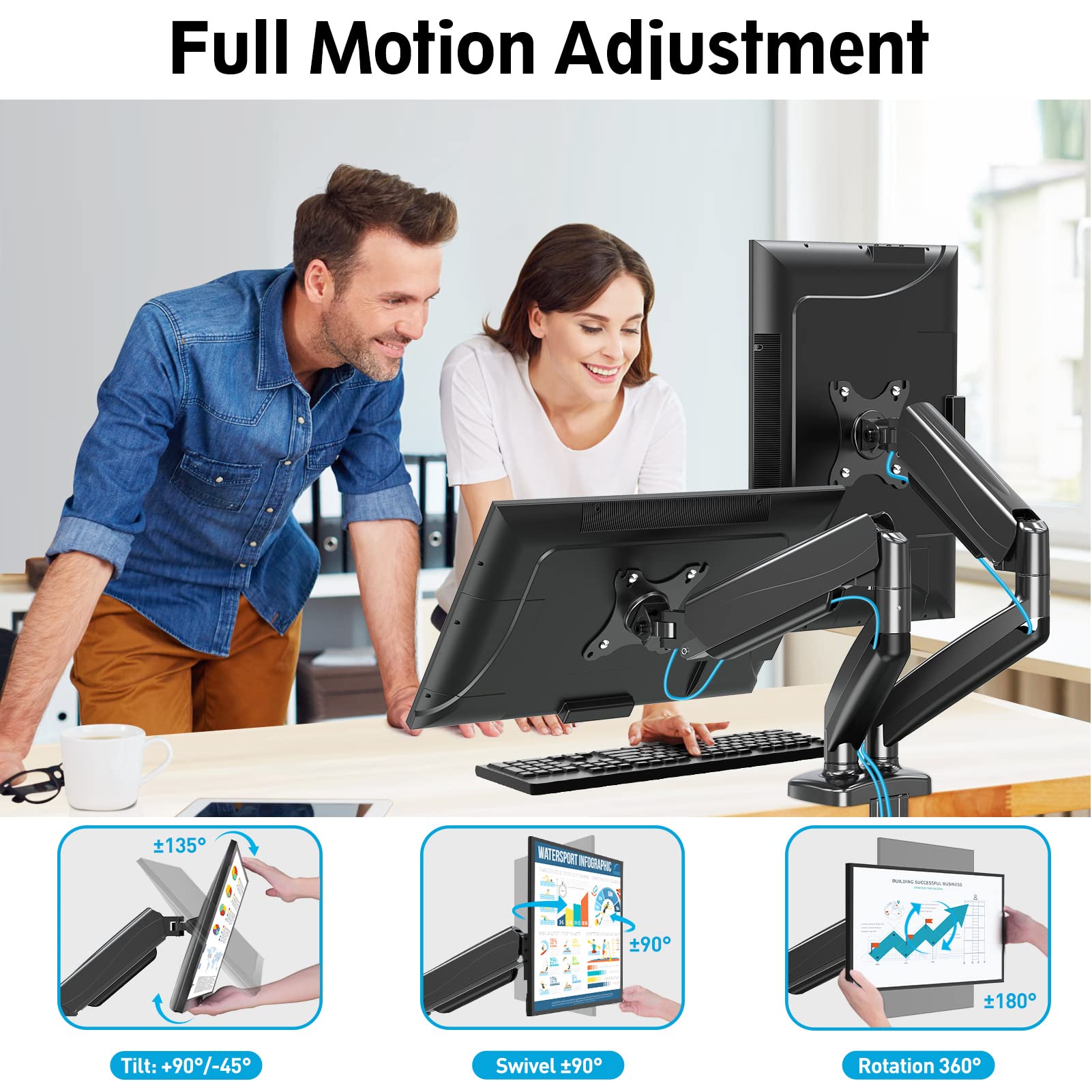 MOUNTUP Dual Monitor Stand + Full Motion Gas Spring Dual Monitor Desk Mount Bundle