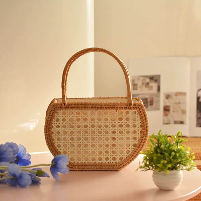 LSDJGDDE Hand Basket Picnic Travel Hand Woven Rattan Handbag Semicircular Stitching Lace up Inner Pocket Handmade